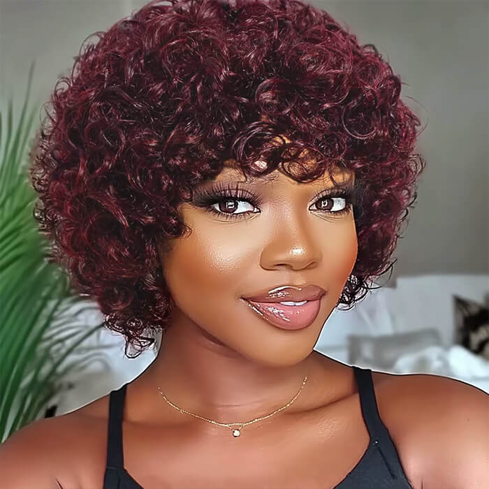 BOGO-Glueless Wig Short Curly Pixie Cut Wigs 99J Color Brazilian Virgi